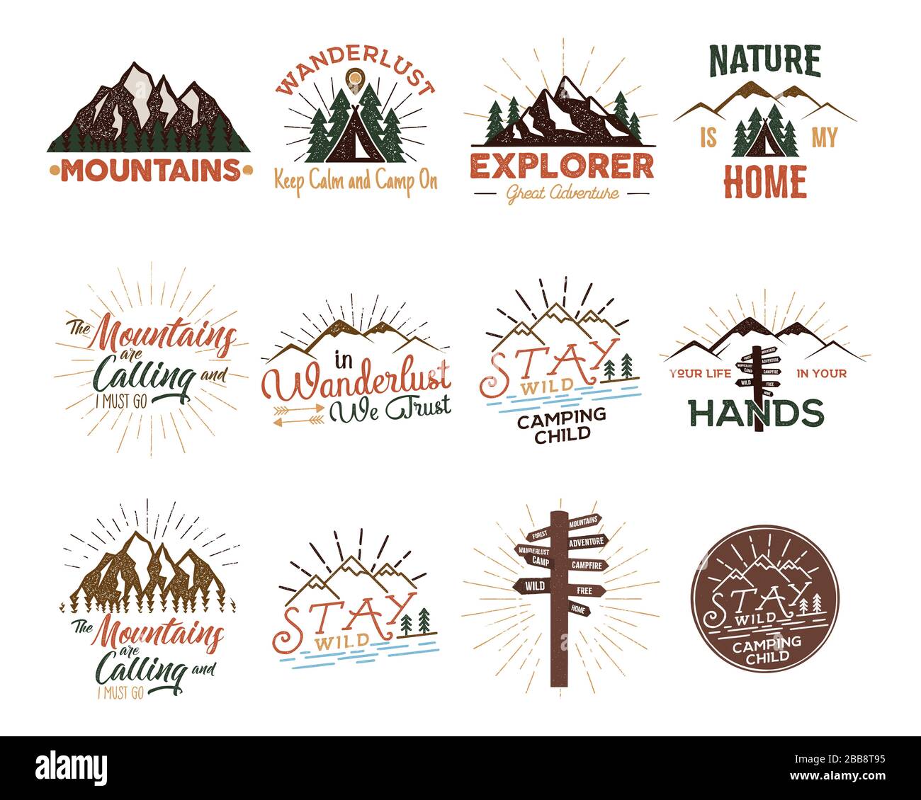 Travel badges set. VIntage hand drawn camping logos. Mountain ...