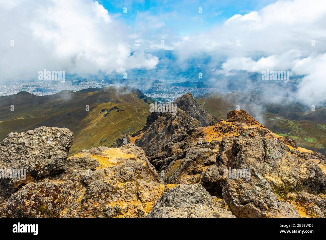 The peaks of the Rucu Pichincha volcano in the Andes mountains with the ...