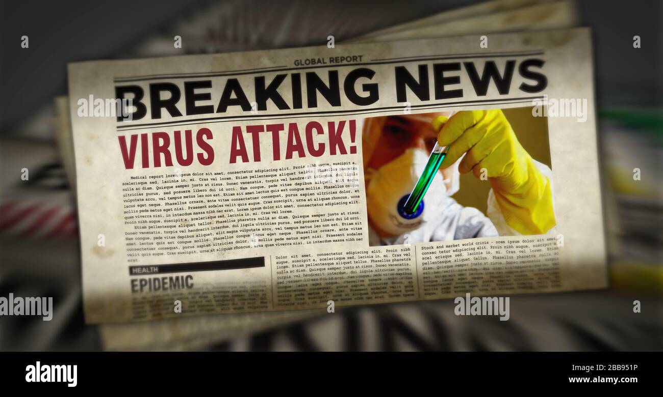 Virus attack breaking news – newspaper printing 3d illustration. Danger ...