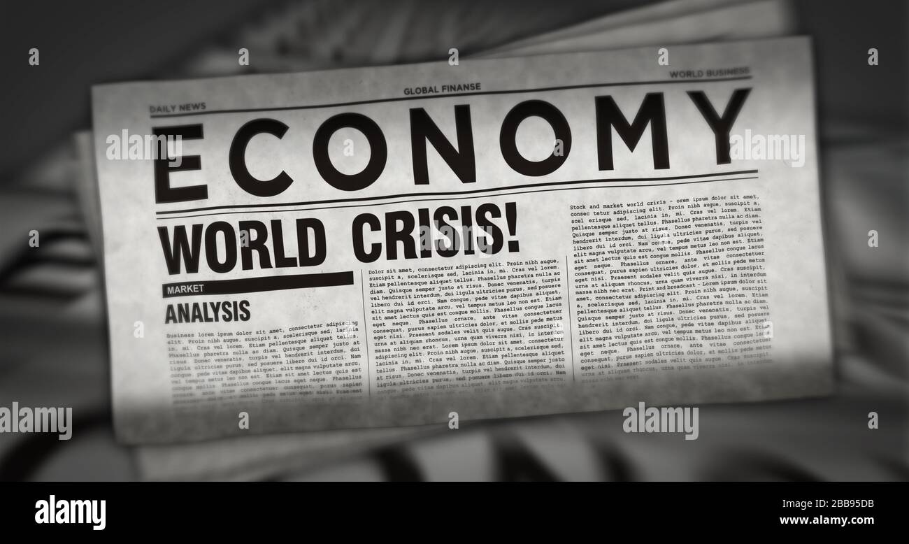 Economy and business newspapers with world crisis printing and ...