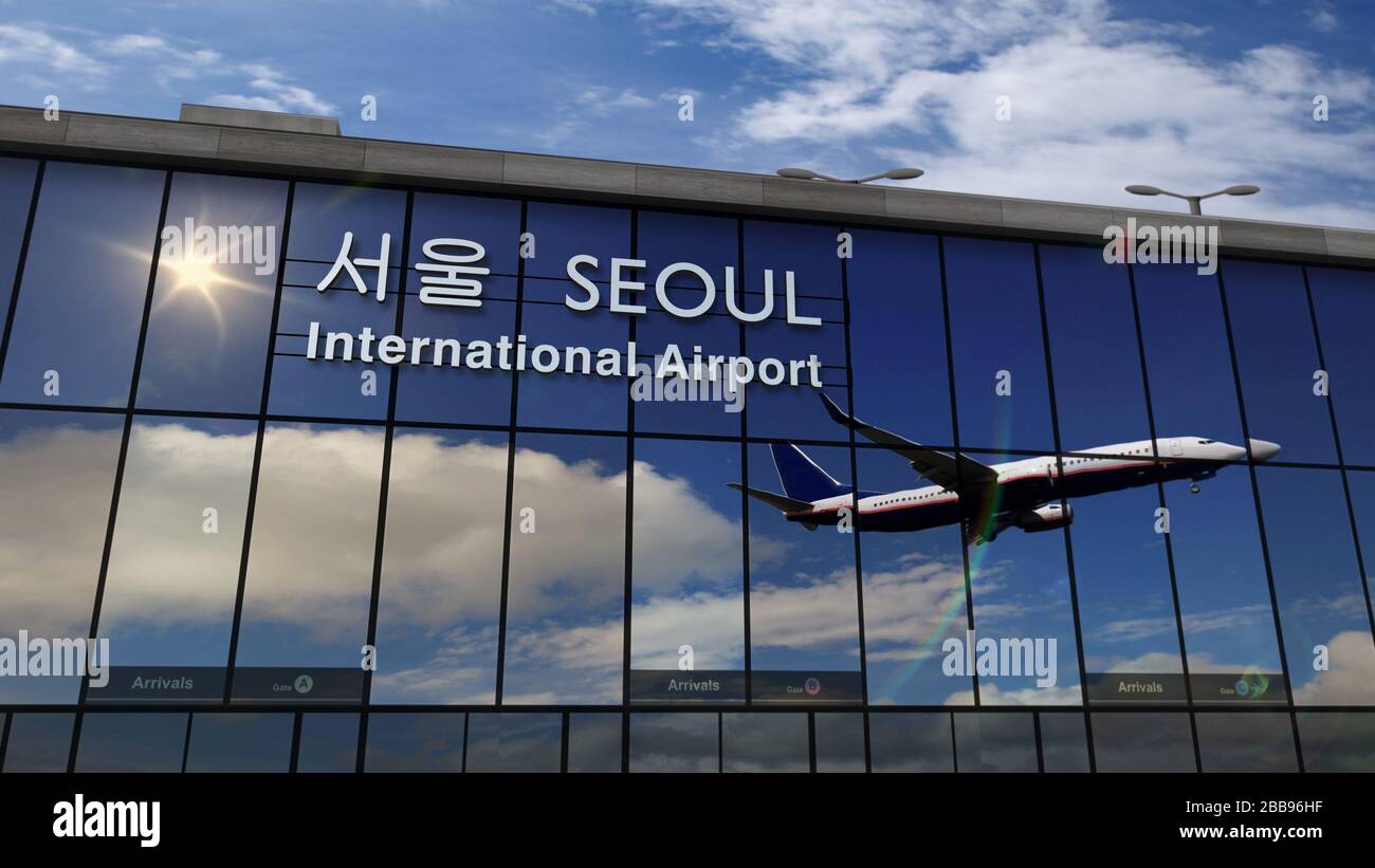 Jet aircraft landing at Seoul, South Korea 3D rendering illustration ...