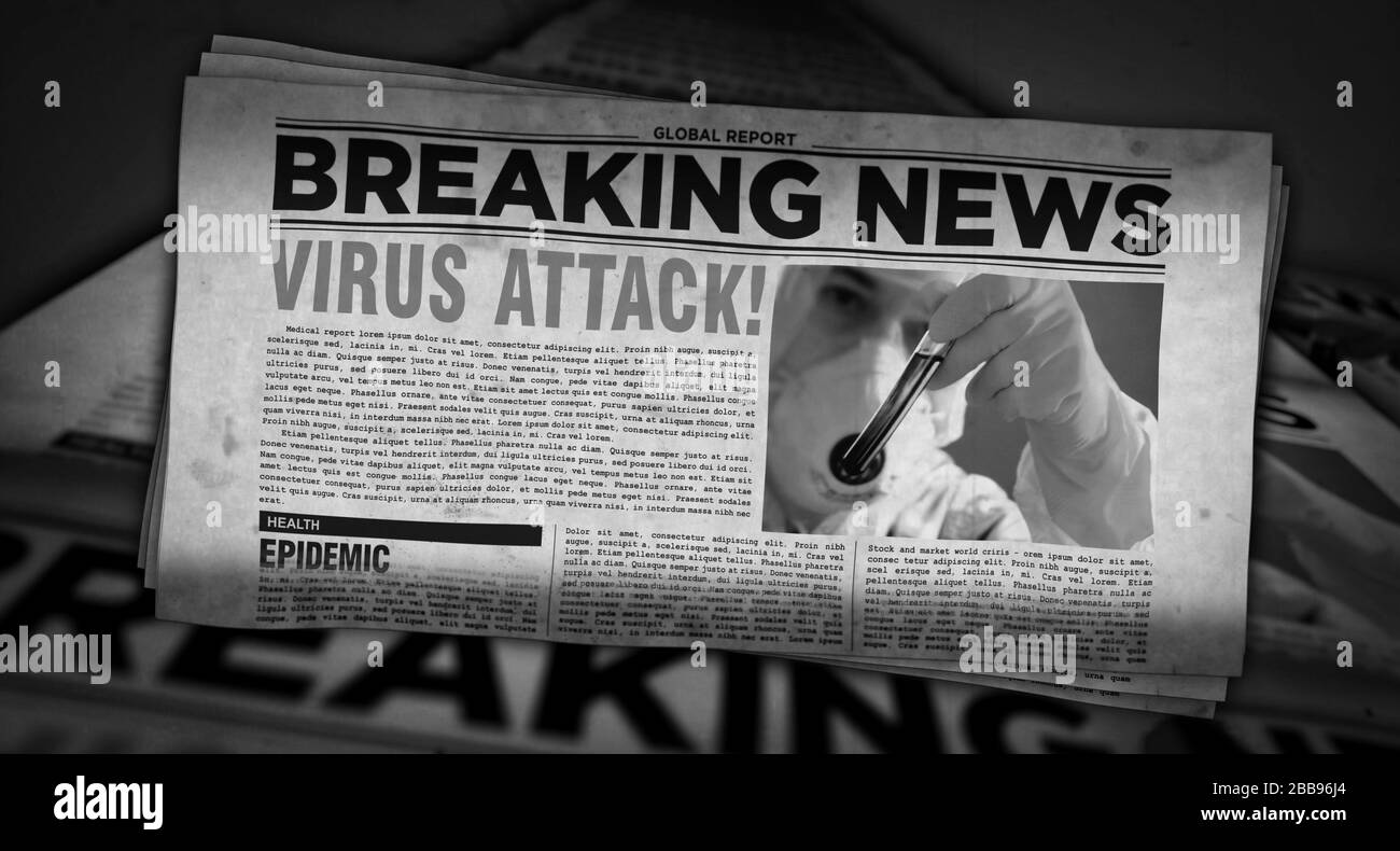 Virus attack breaking news – newspaper printing 3d illustration. Danger ...