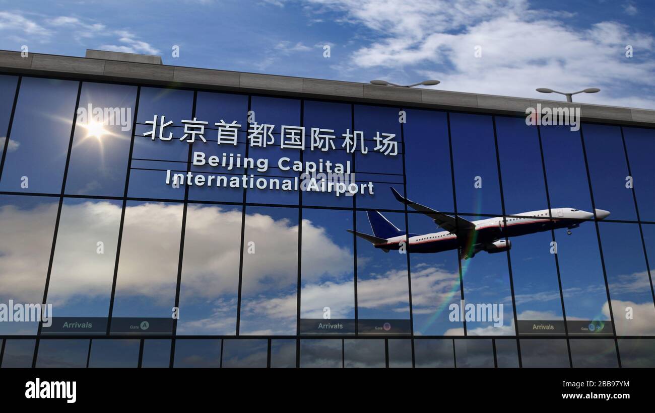 Jet aircraft landing at Beijing, PEK, China 3D rendering illustration ...