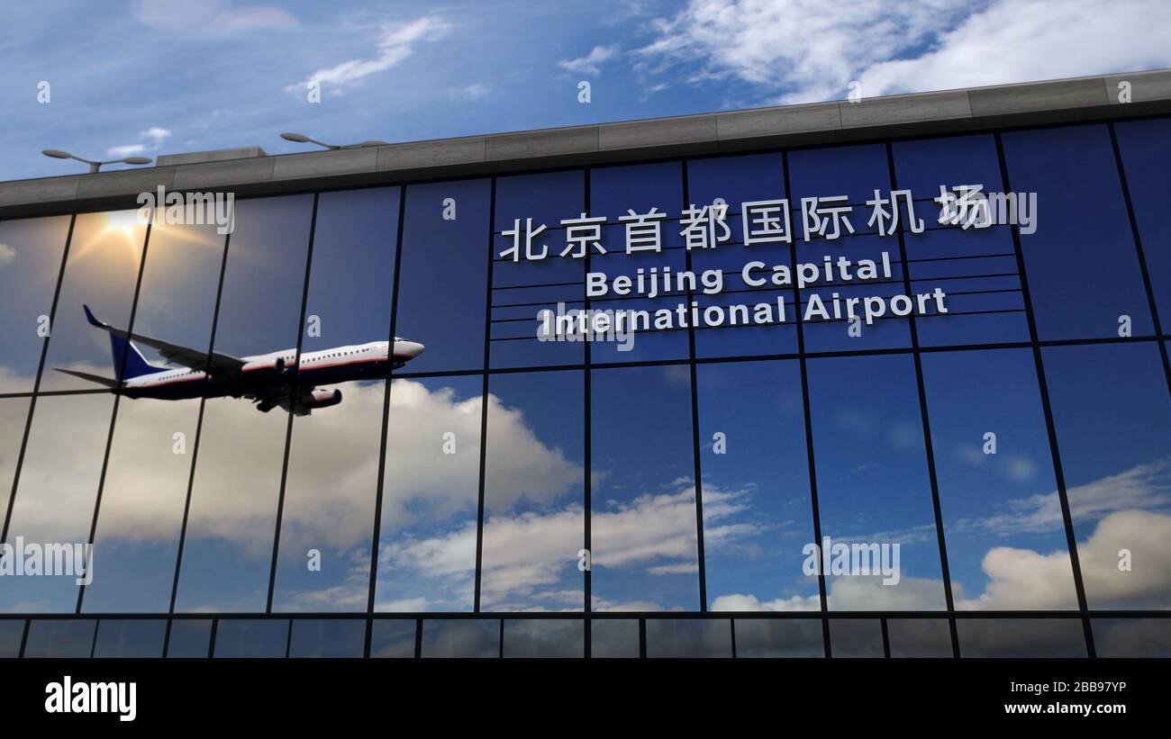 Jet aircraft landing at Beijing, PEK, China 3D rendering illustration ...