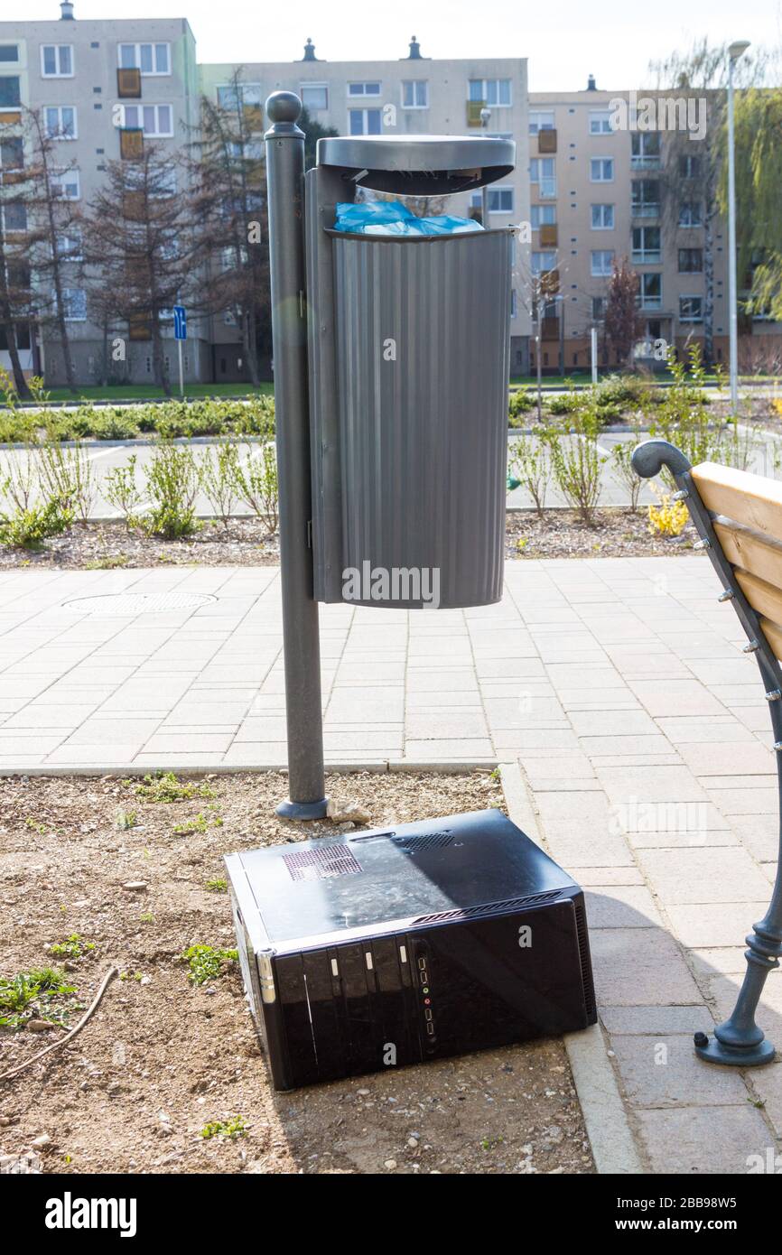 PC tower computer left near dust bin garbage can in street, Hungary ...