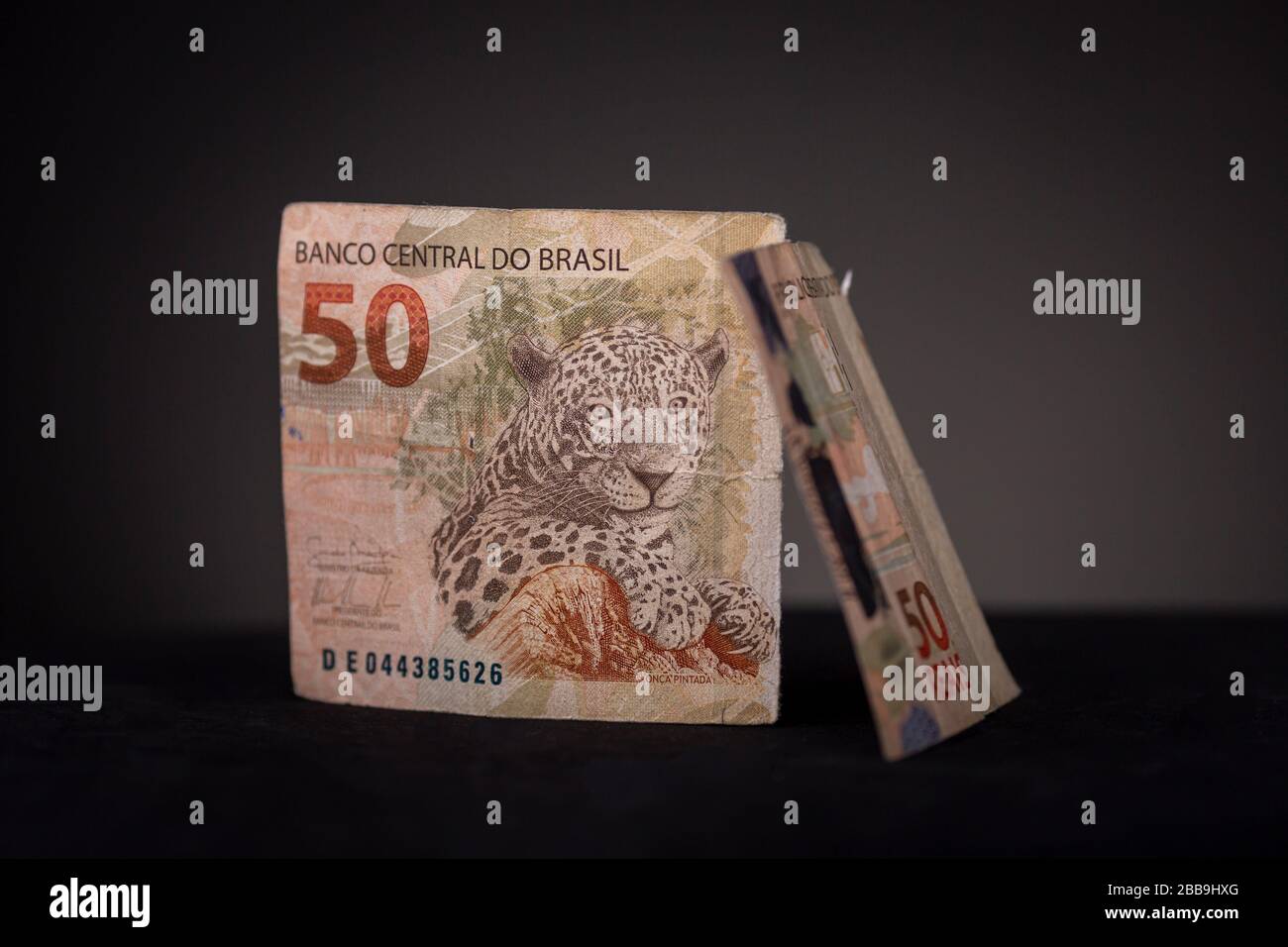 Brazilian Real banknote ripped in half leaning upright. Low key studio ...