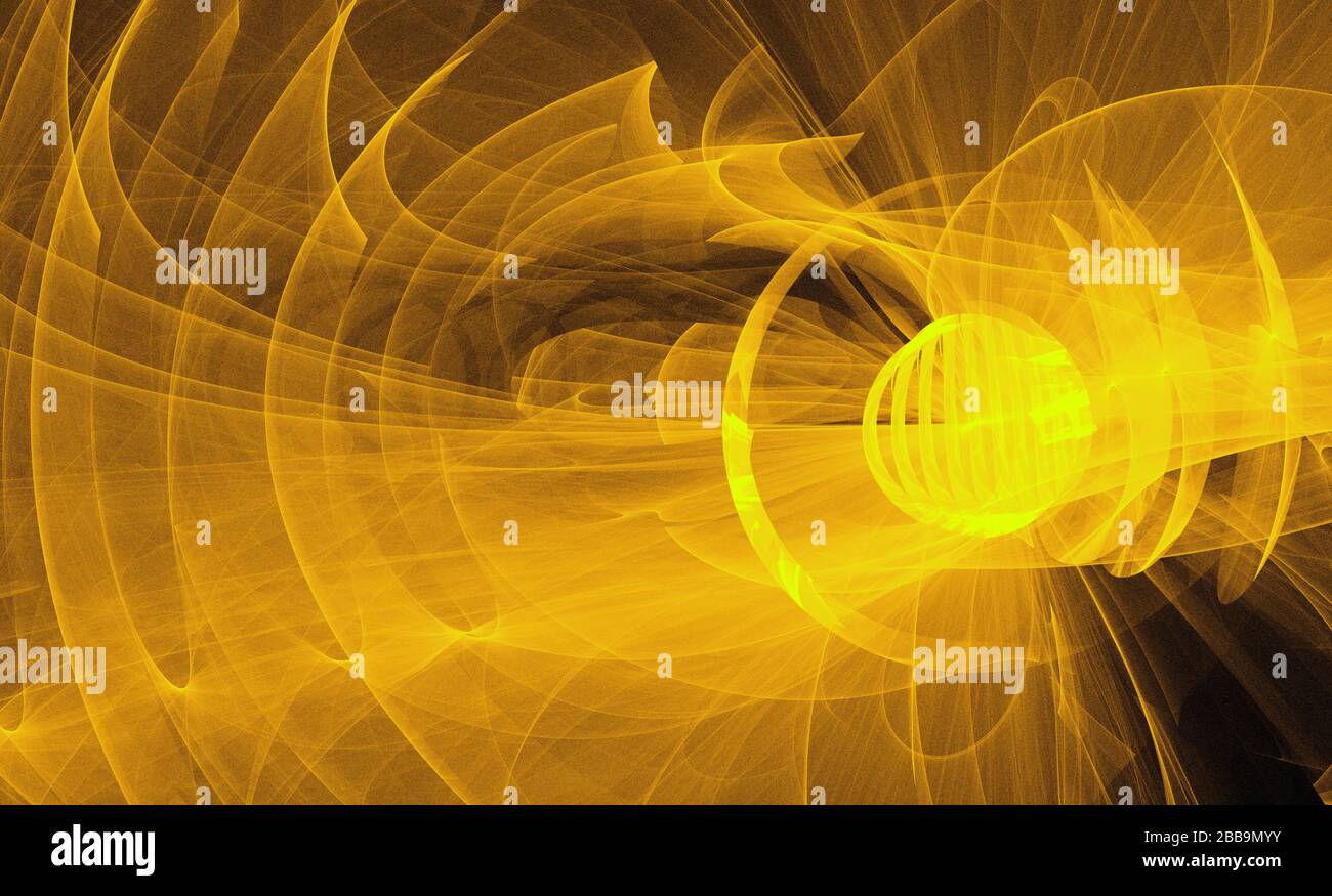 Neon glowing yellow twisted cosmic lines flying in the space ...