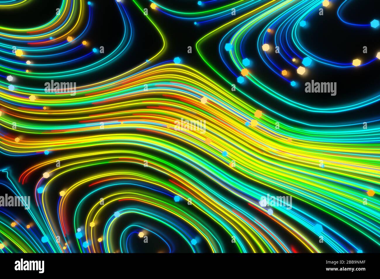 Neon glowing twisted cosmic lines on the glossy surface. Turbulence ...