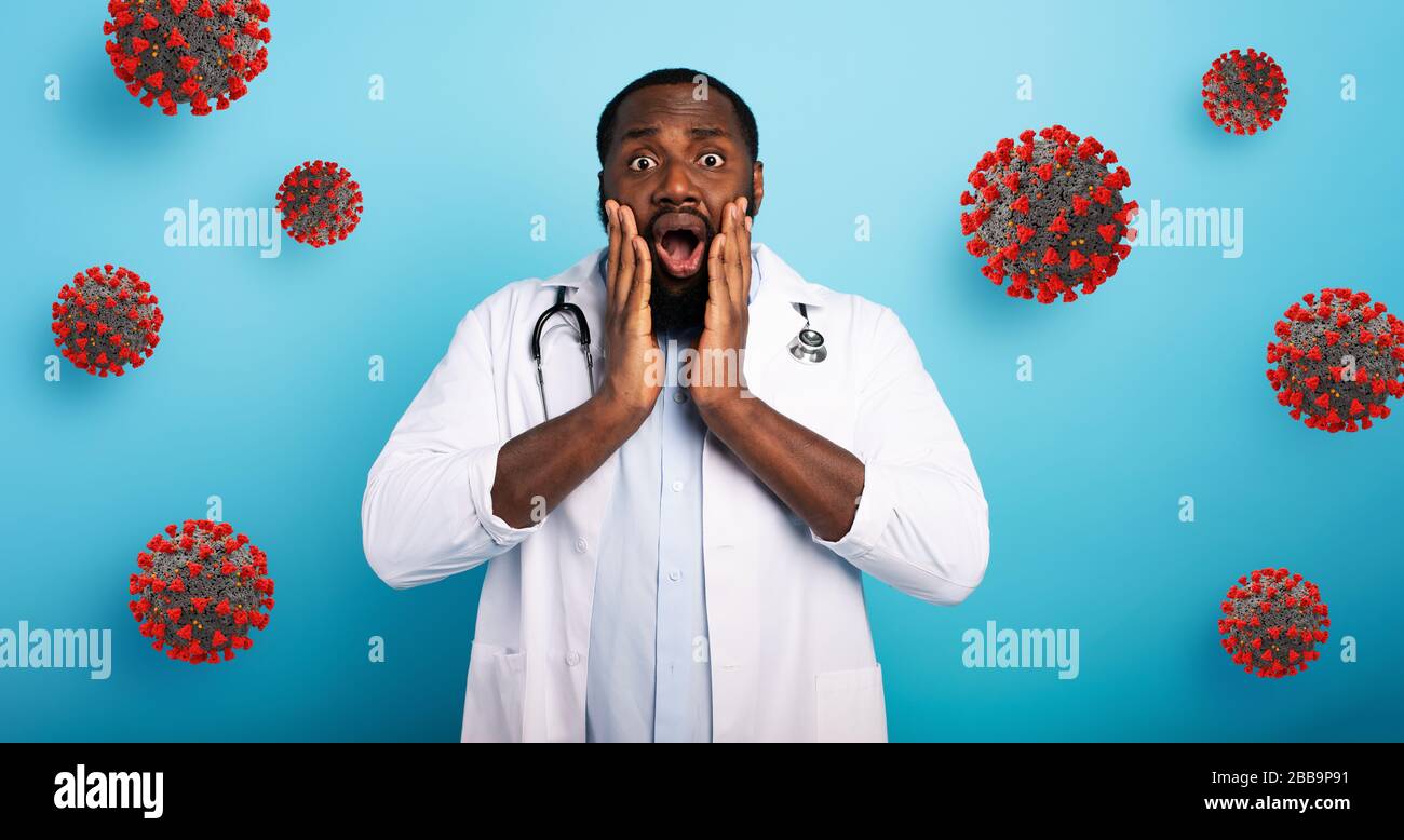 Scared doctor face expression due to coronavirus pandemic. Blue ...