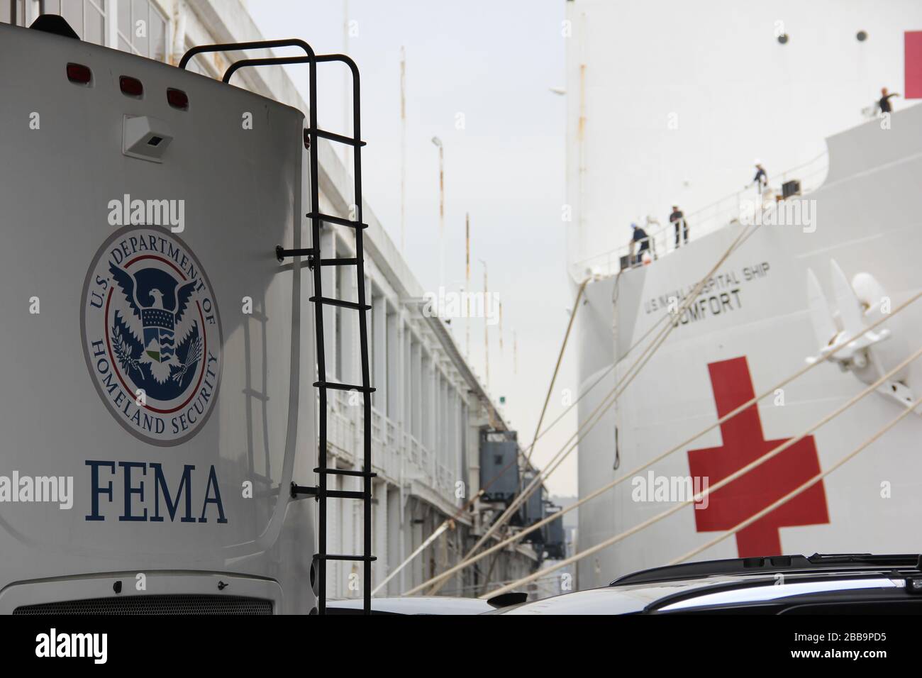 Hospital ship USNS COMFORT docked at Pier 90, upon arrival to NYC ...