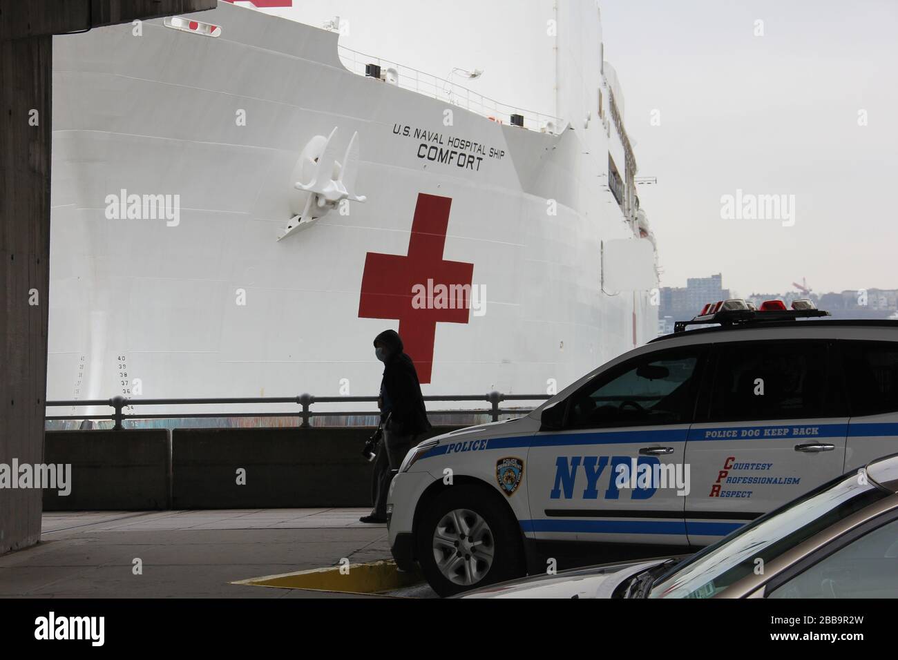 Hospital ship USNS COMFORT docked at Pier 90, upon arrival to NYC ...