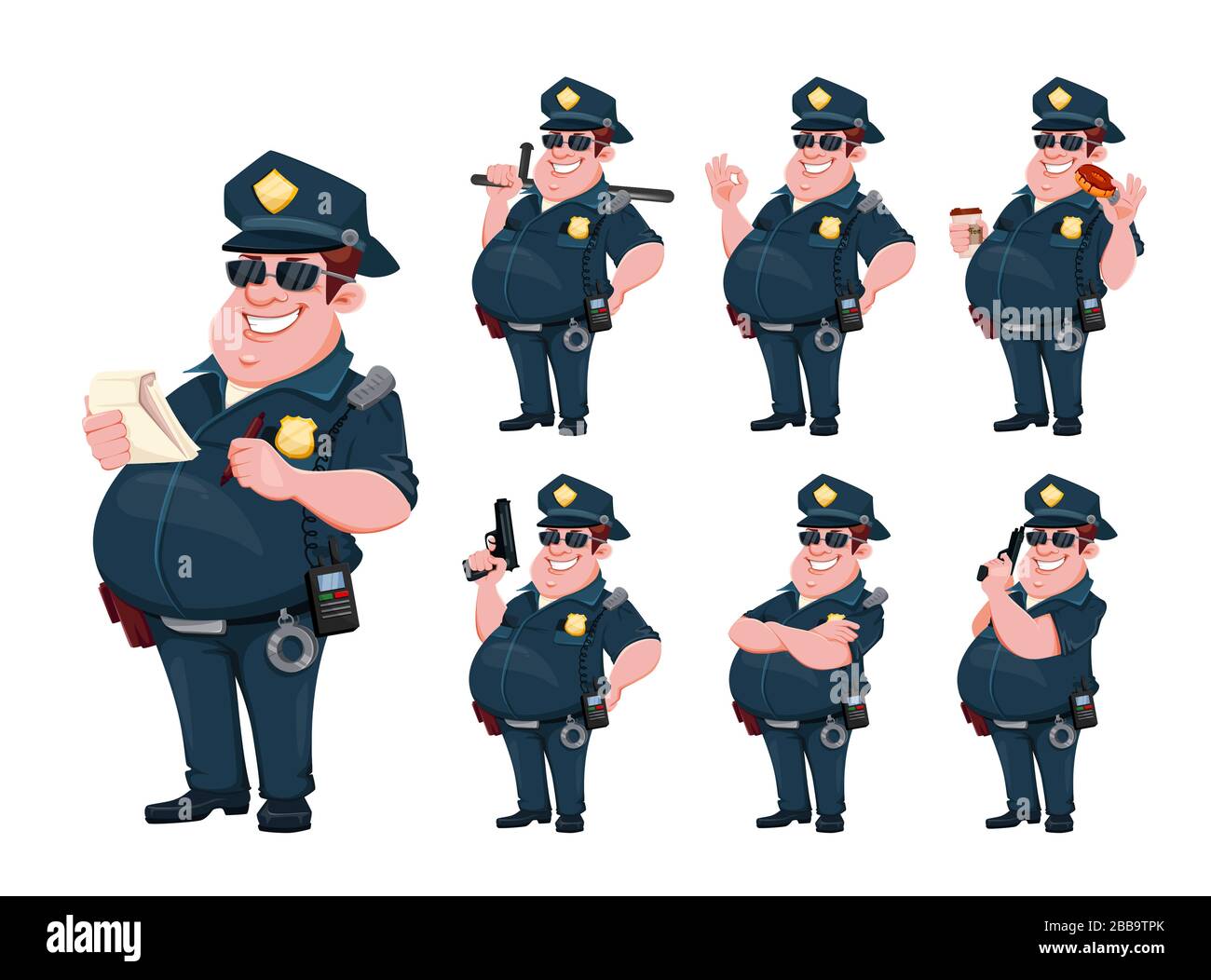 Police officer, set of seven poses. Cheerful cartoon character ...