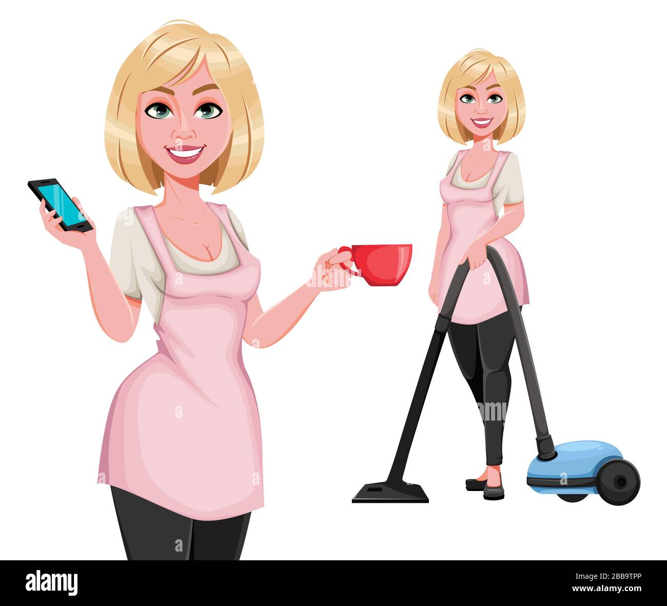 Housewife concept, young pretty stylish woman, set of two poses ...