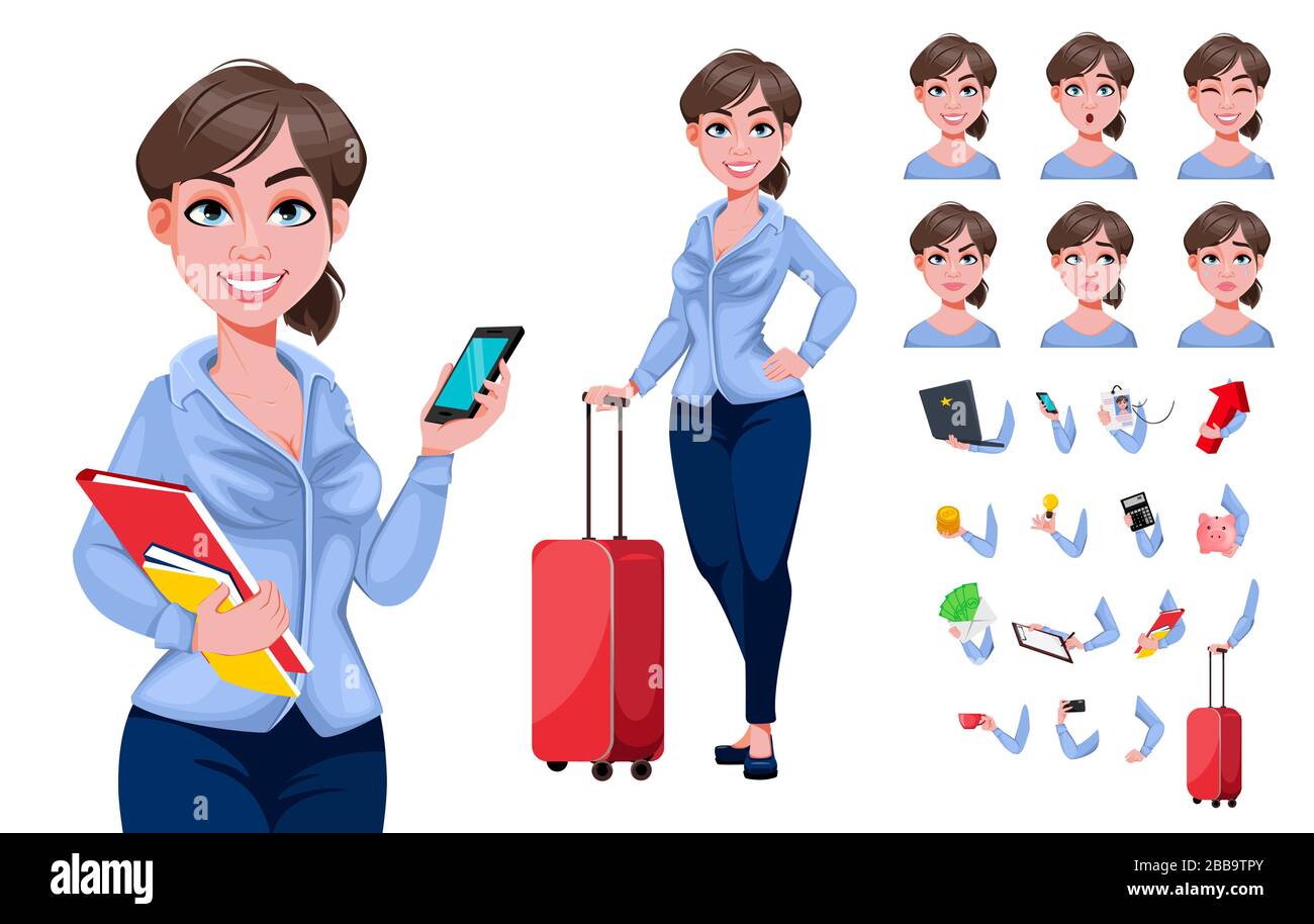 Young beautiful business woman cartoon character, pack of body parts ...