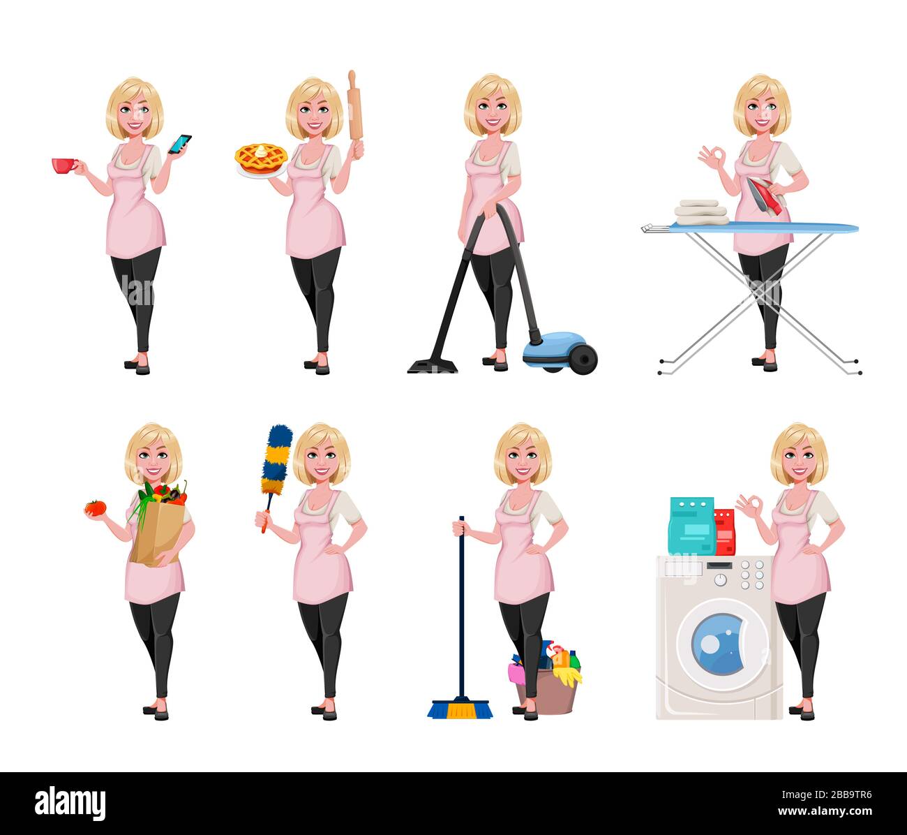 Housewife concept, young pretty stylish woman, set of eight poses ...