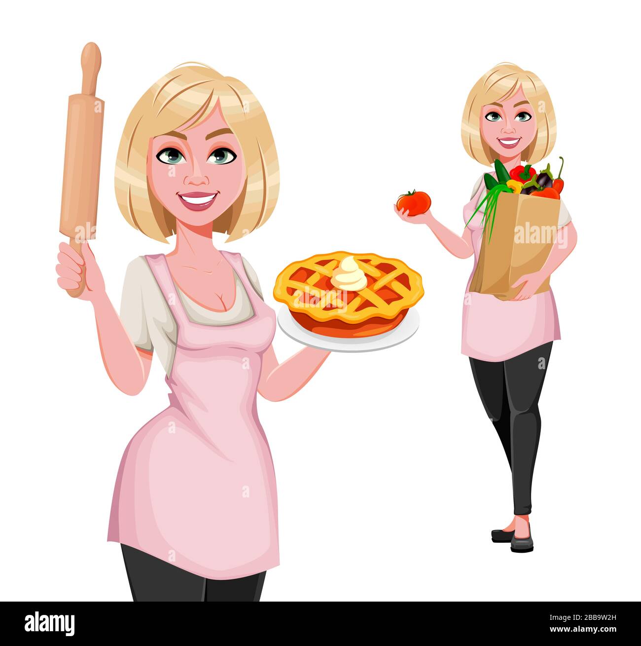 Housewife concept, young pretty stylish woman preparing food, set of ...