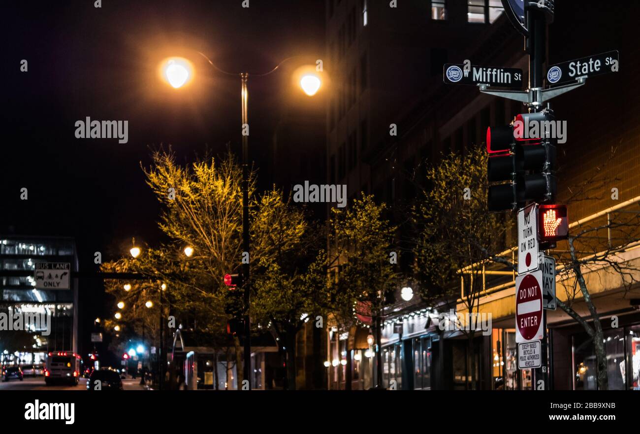 MADISON, WISCONSIN - MAY 07, 2018: Downtown at night on the corner ...