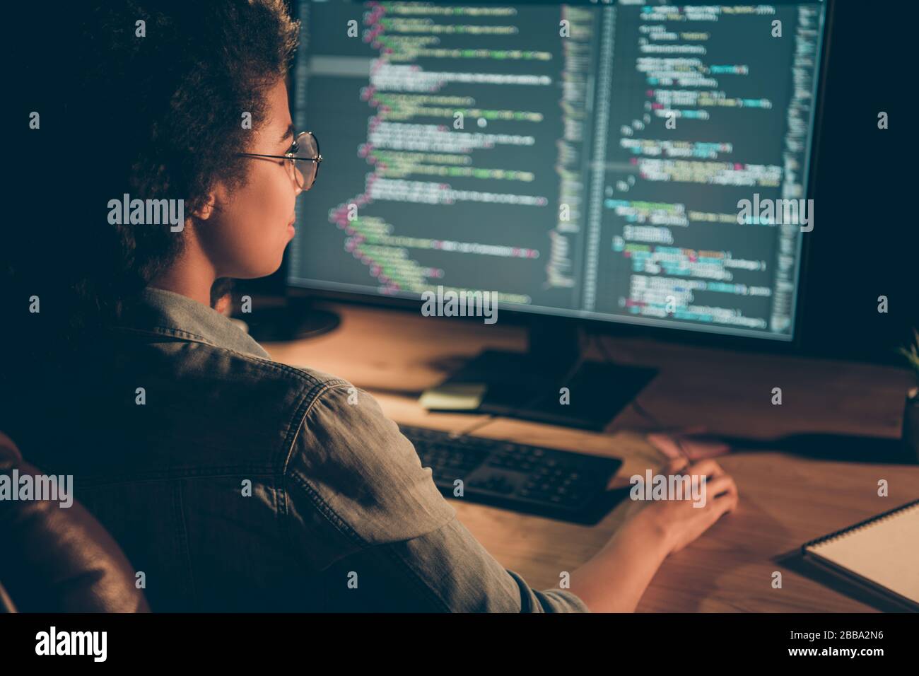 Back behind view photo of dark skin programmer lady look big monitor check id-address work ...