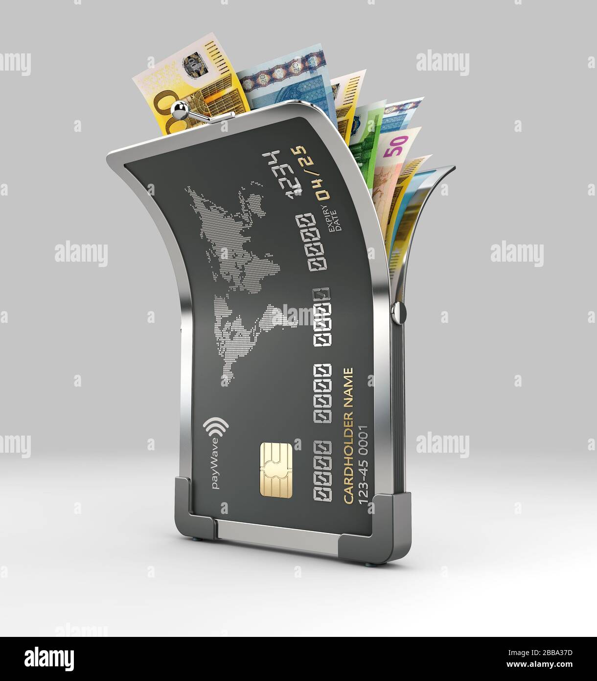 3d Rendering of Open Credit card with Euro banknotes, clipping path ...