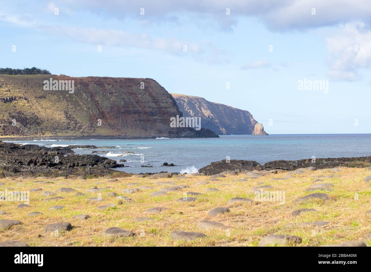 The wild coasts of Easter Island with the cliffs of the Poike volcano ...