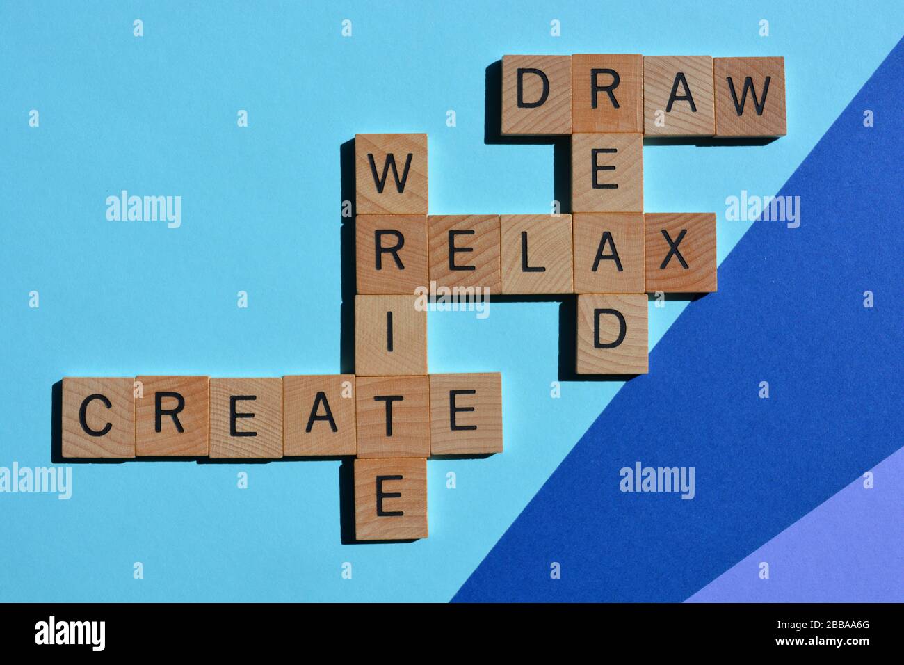 Create, Write, Draw, Read, Relax, words on blue backgroun Stock Photo ...
