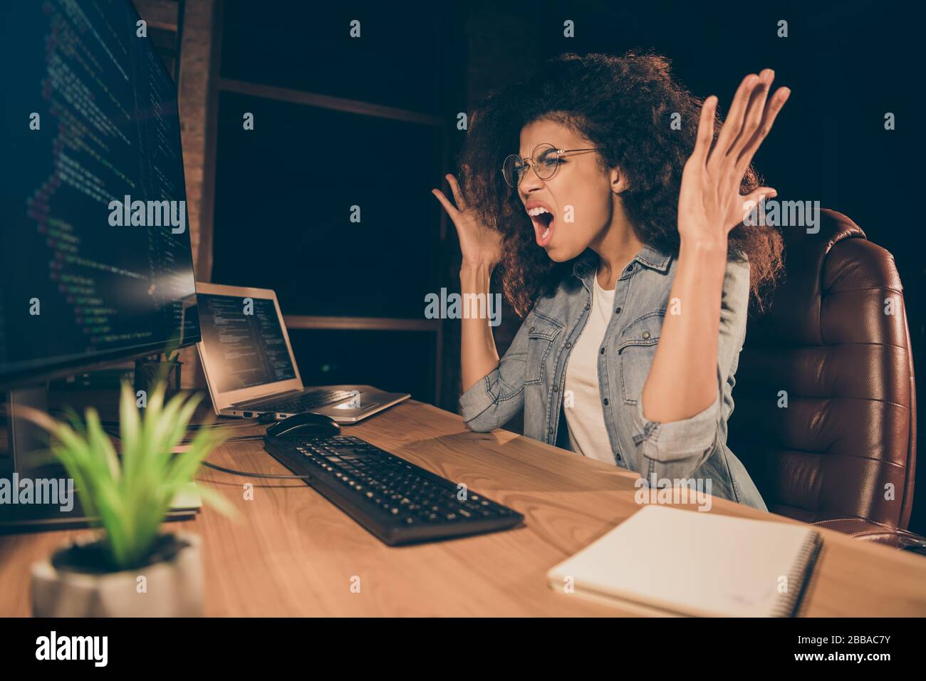 Frustrated stressed depressed afro american girl web engineer sit table ...