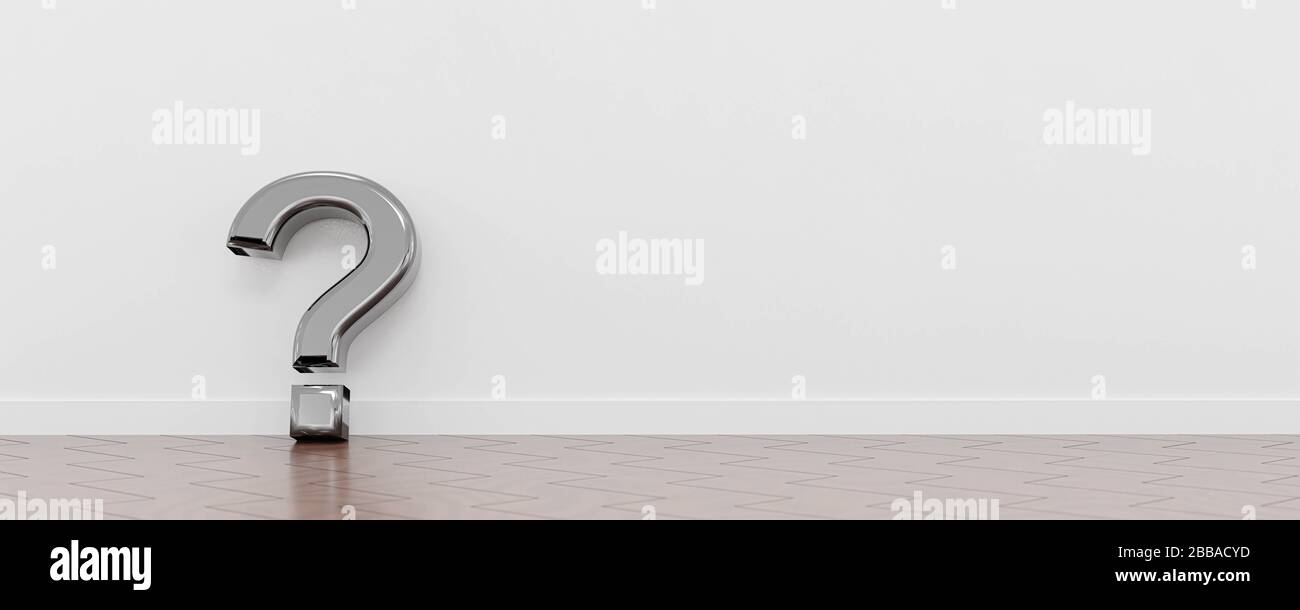 Question mark on wooden floor leaning against wall 3d render with copy ...