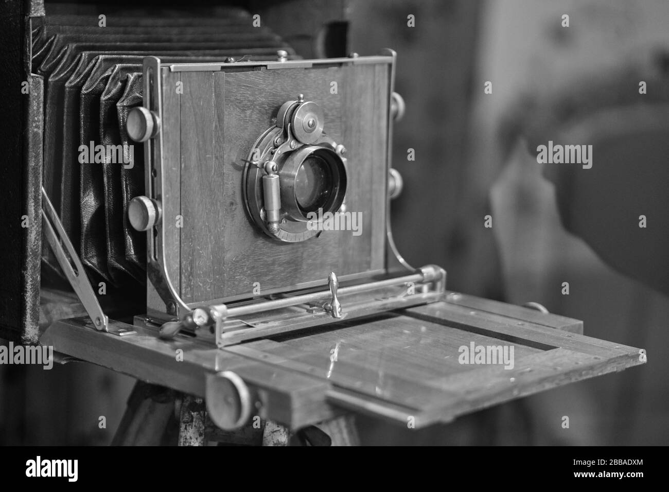 A very old camera. Black and white photo. Close up. Noise Stock Photo ...