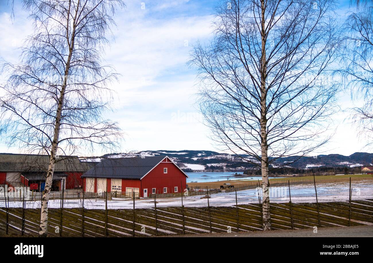 Norwegian farm near a lake Stock Photo - Alamy