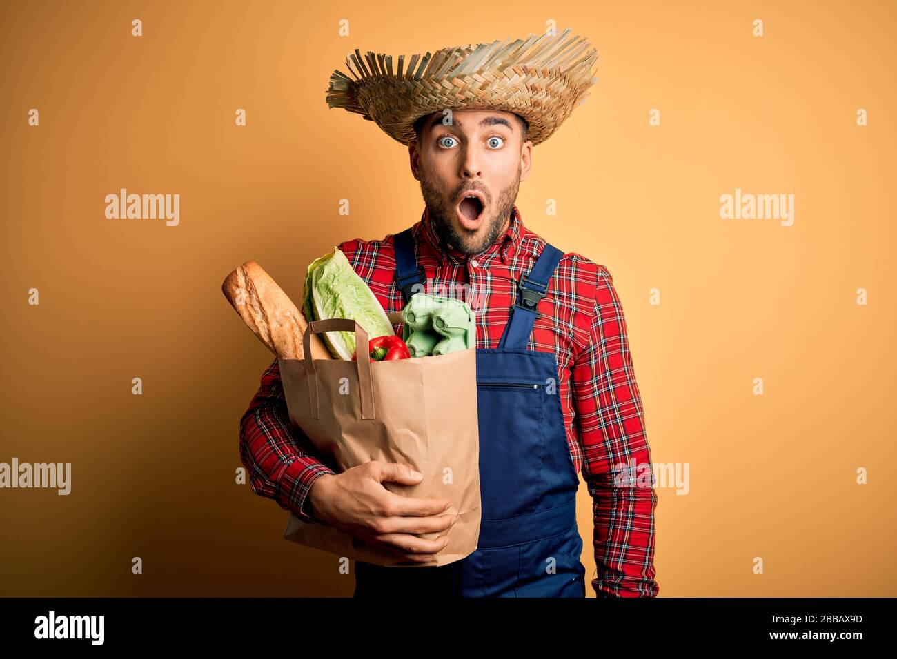 Young rural farmer man holding fresh groceries from marketplace over ...