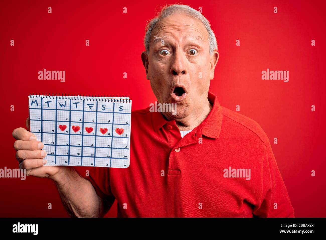 Senior grey haired man holding special date calendar over red ...
