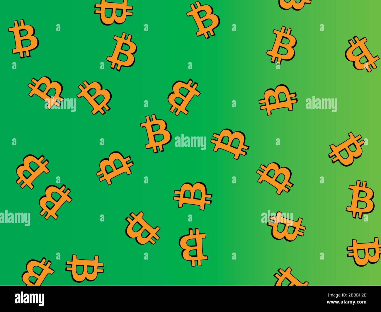 Green gradient background with orange bitcoin symbols flying around ...