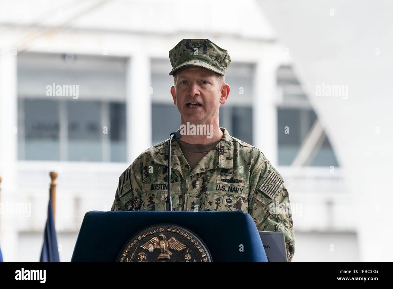 NEW YORK, NY - MARCH 30: Rear admiral John Mustin speaks as the Navy ...