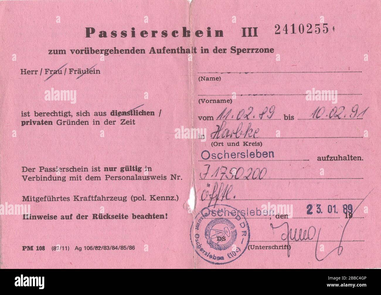 "English: Access permit for the Sperrzone (restricted zone) of the ...