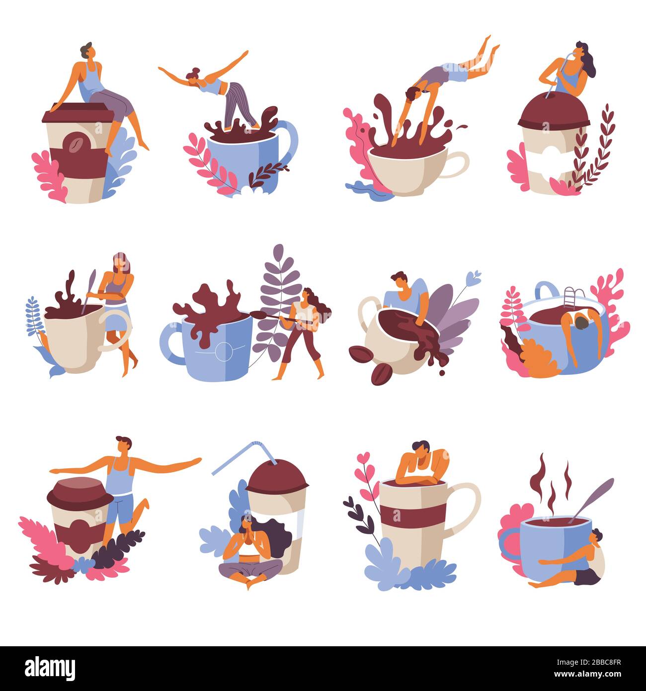 Coffee lovers drinking beverages and hugging cups vector Stock Vector ...
