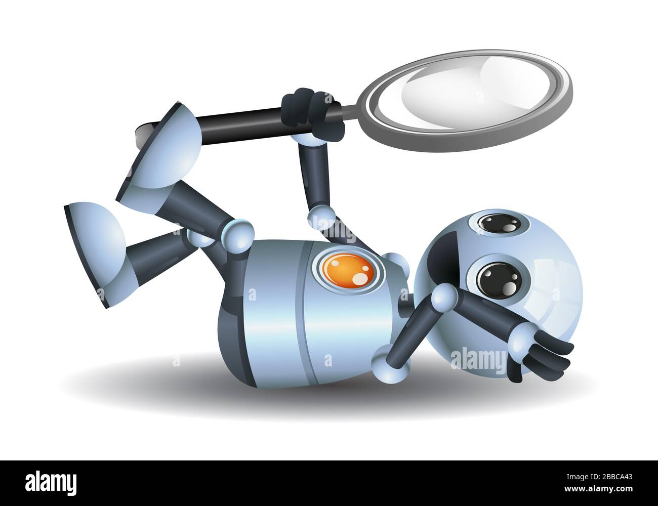 3d illustration of little robot holding magnifier laying down seeing up ...
