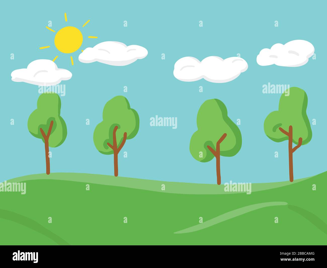 Hand drawn Vector background of trees in the park with sun, cloud, blue ...
