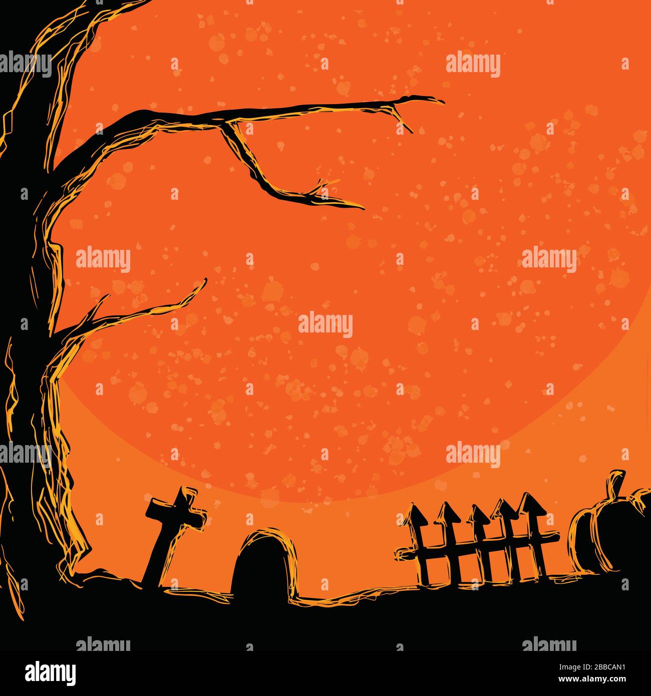 Halloween cartoon background, tree with pumpkin, tomb and fence Stock ...