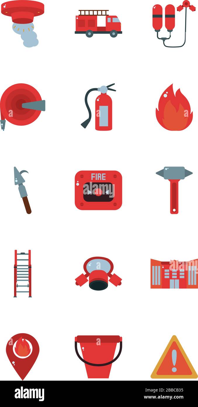 flat style icon set design, fire emergency rescue save department 911 ...