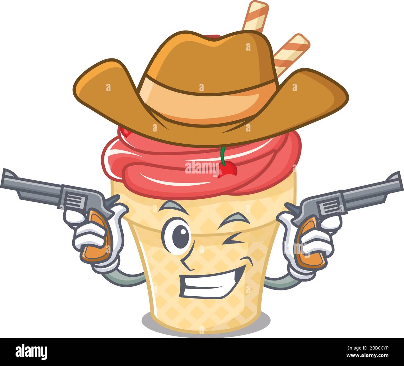Funny cherry ice cream as a cowboy cartoon character holding guns Stock ...