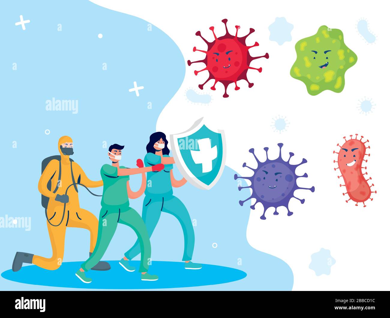 doctors and cleaner fighting virus with shield comic characters Stock ...