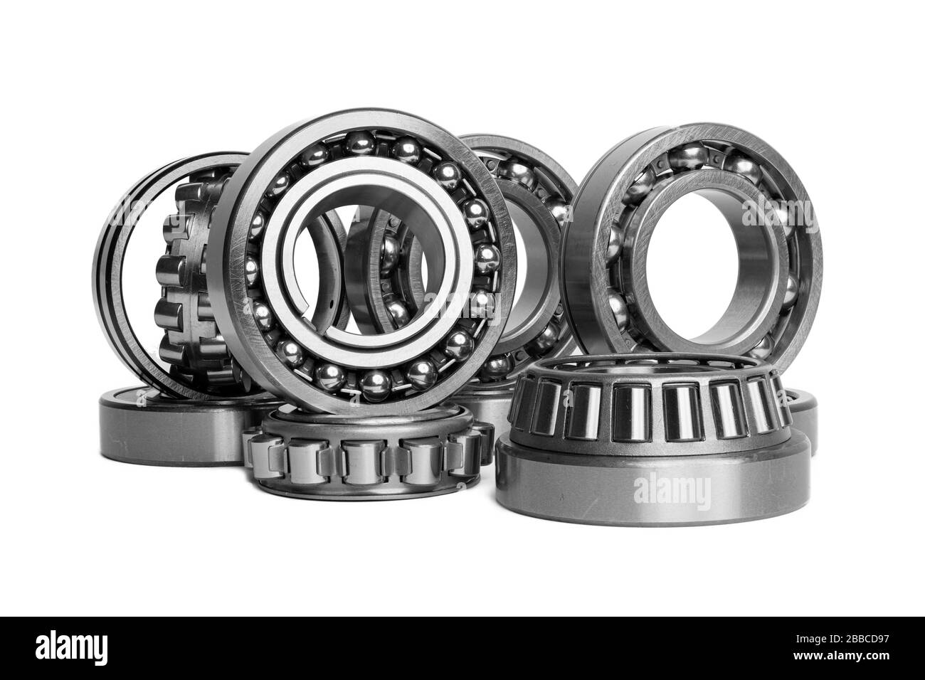 Set of various roller bearing on white background isolated. Metal ...