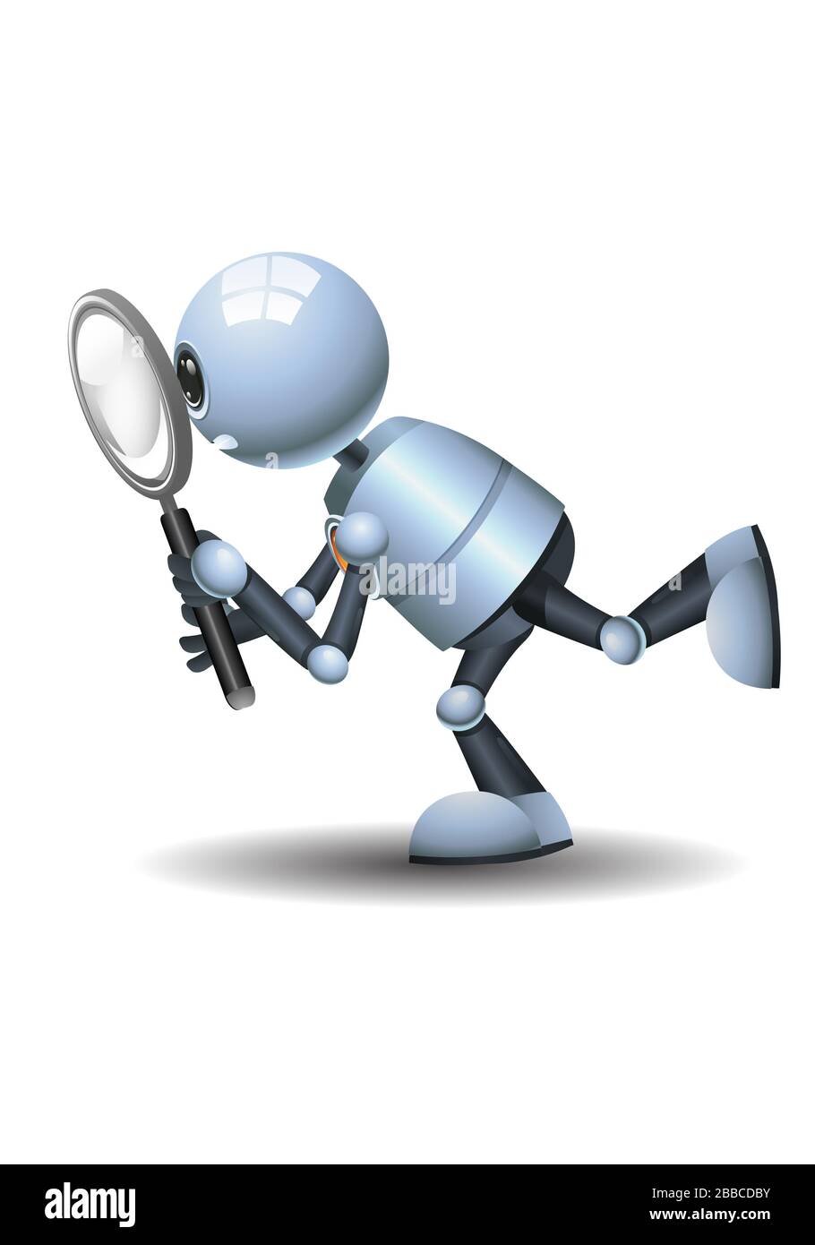 3d illustration of little robot holding magnifier doing research and ...