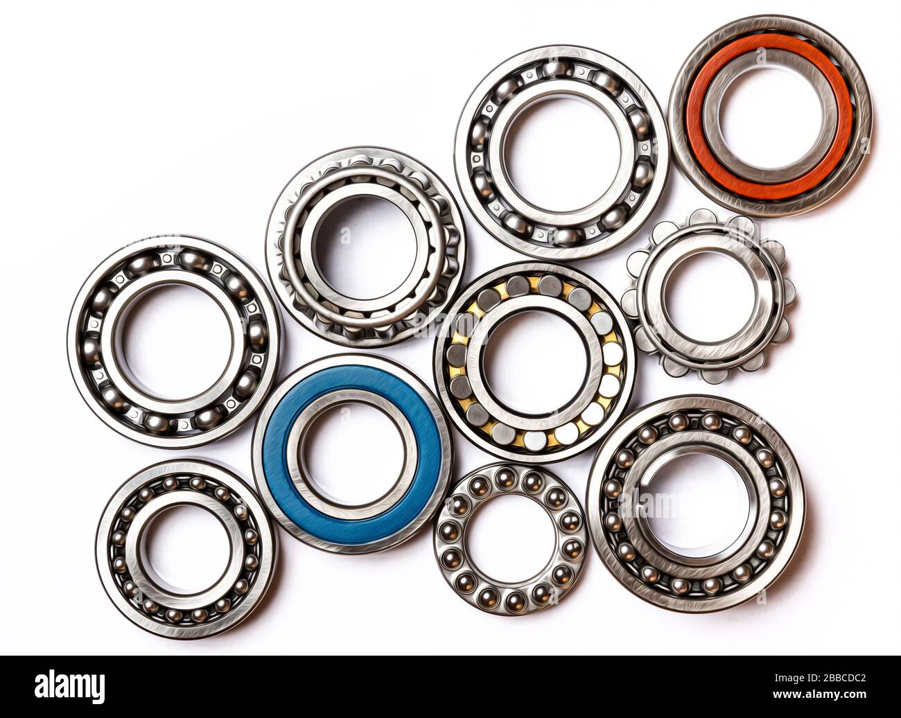 Set of various roller bearing on white background isolated. Metal ...