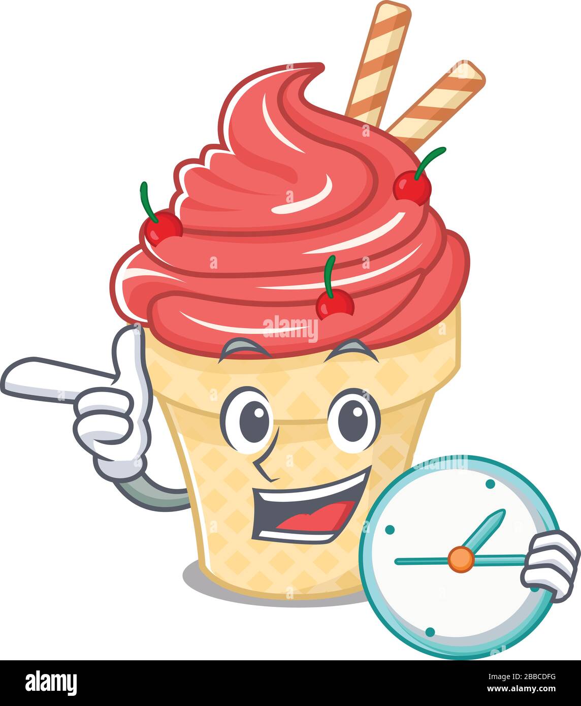 Cheerful cherry ice cream cartoon character style with clock Stock ...