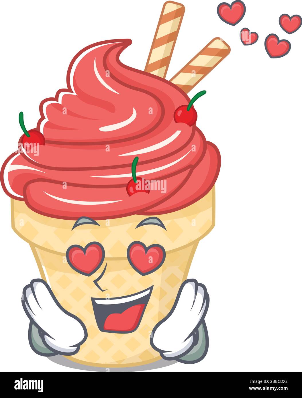 cute cherry ice cream cartoon character showing a falling in love face ...