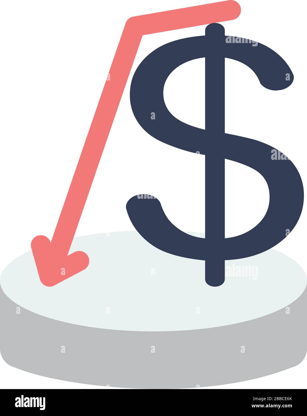 stock market crash concept, money symbol and descending financial arrow ...