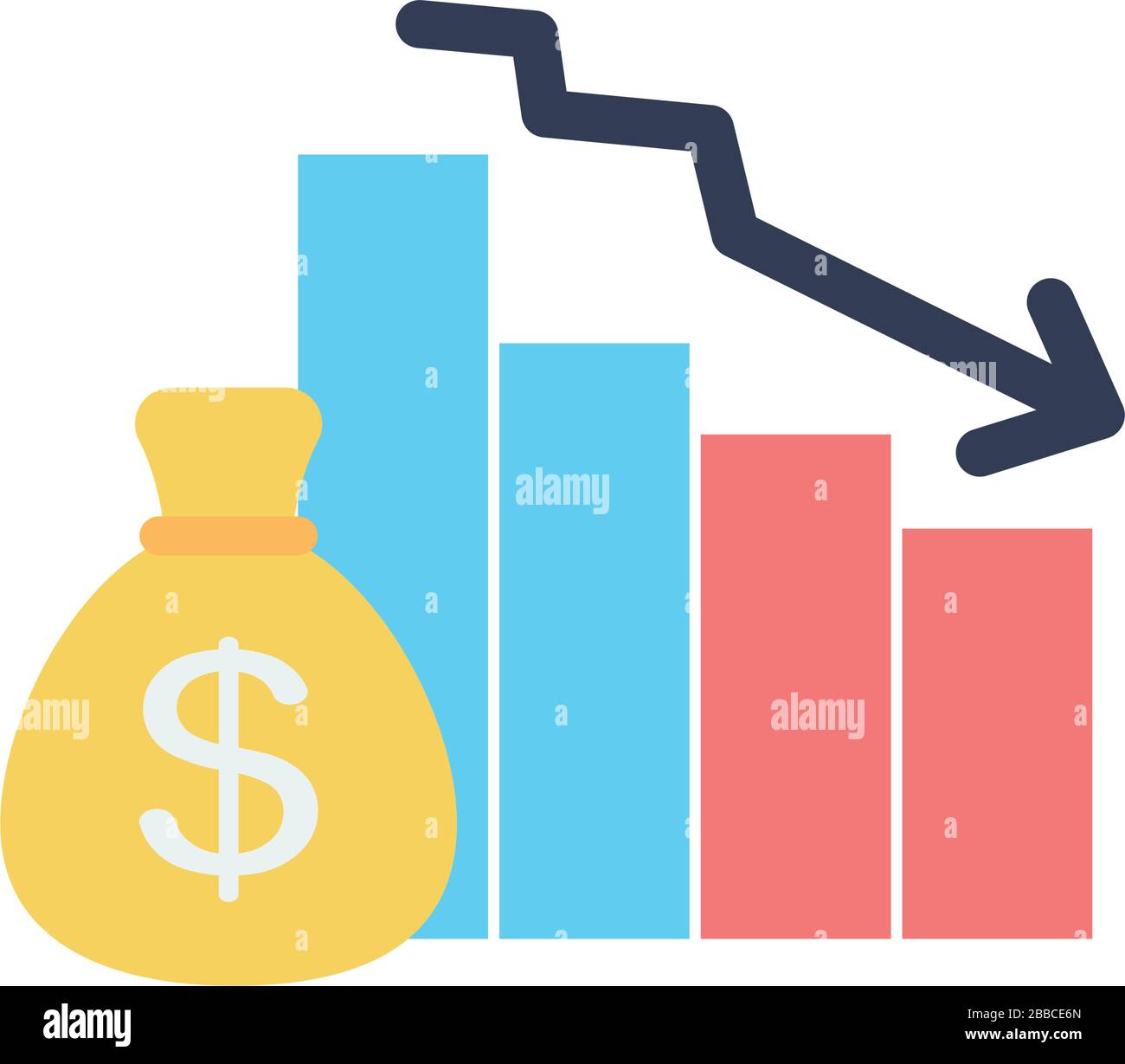 graphic bar chart with descending financial arrow and money bag icon ... graphic bar chart with descending financial arrow and money bag icon ...