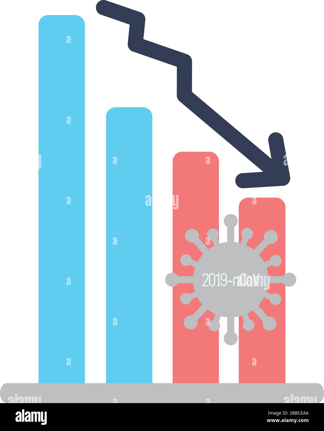 graphic bar chart with descending financial arrow and covid19 symbol ... graphic bar chart with descending financial arrow and covid19 symbol ...