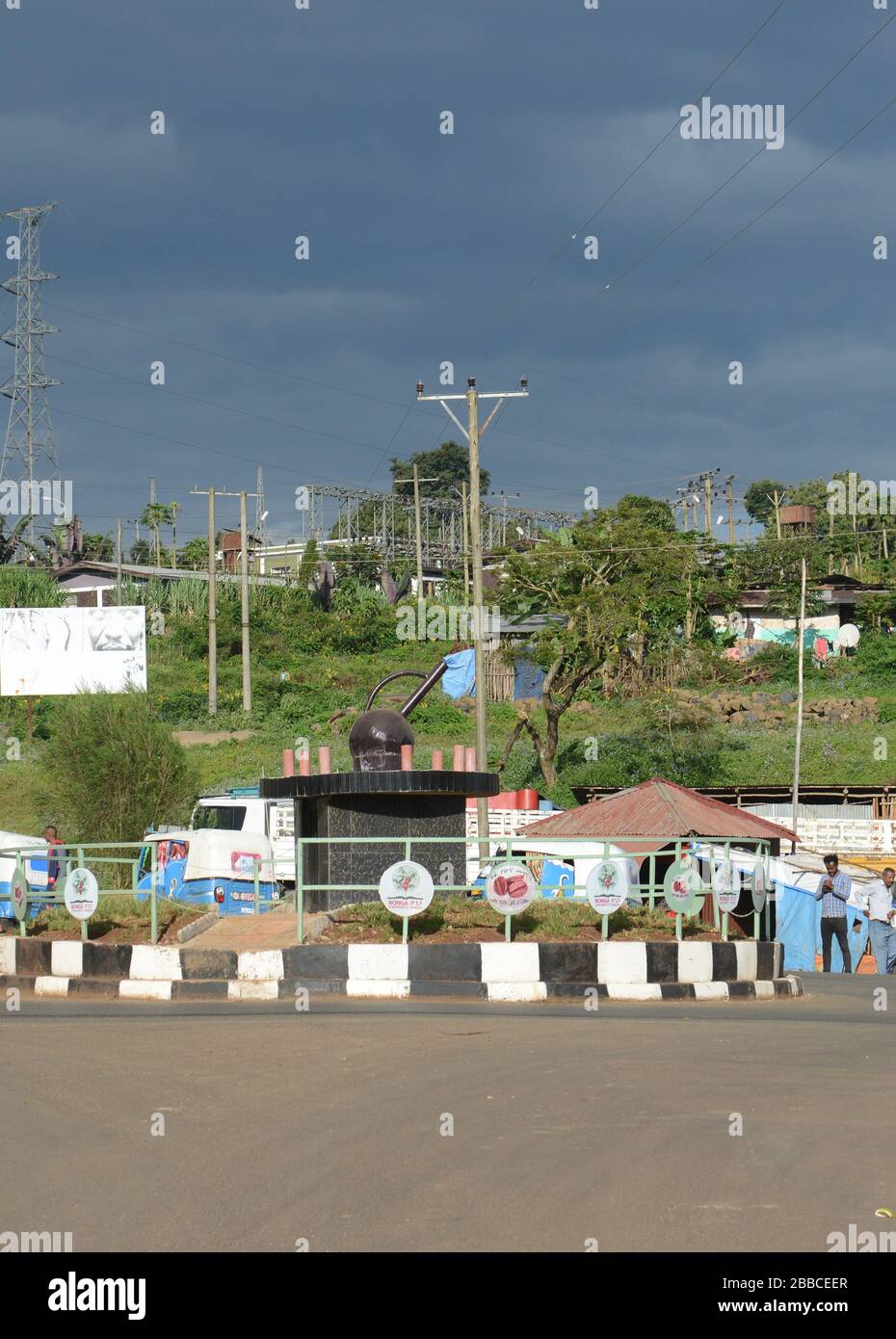 A large jebena ( traditional Ethiopian coffee pot ) decorates the town ...